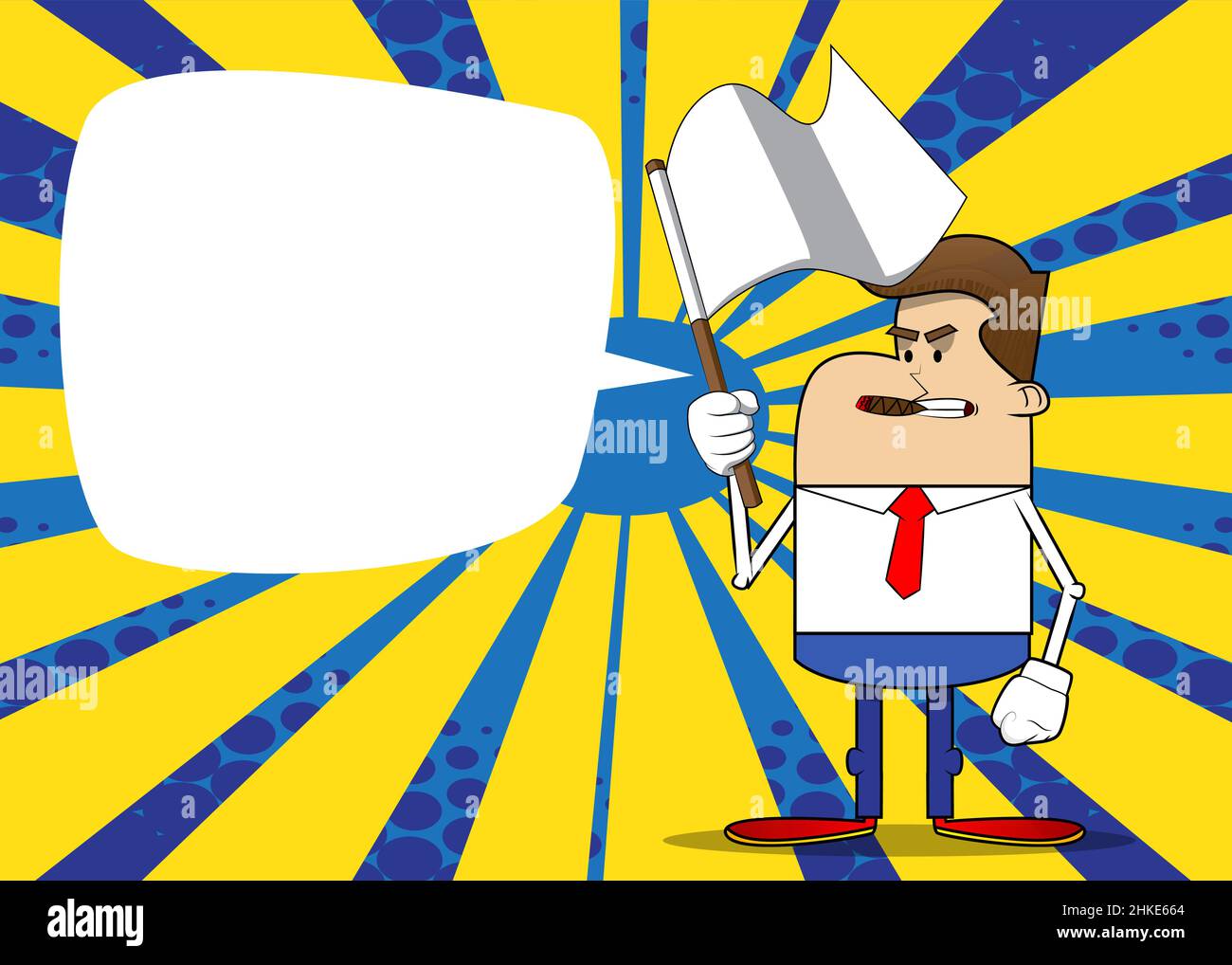 Simple retro cartoon of a businessman holds white flag of surrender ...