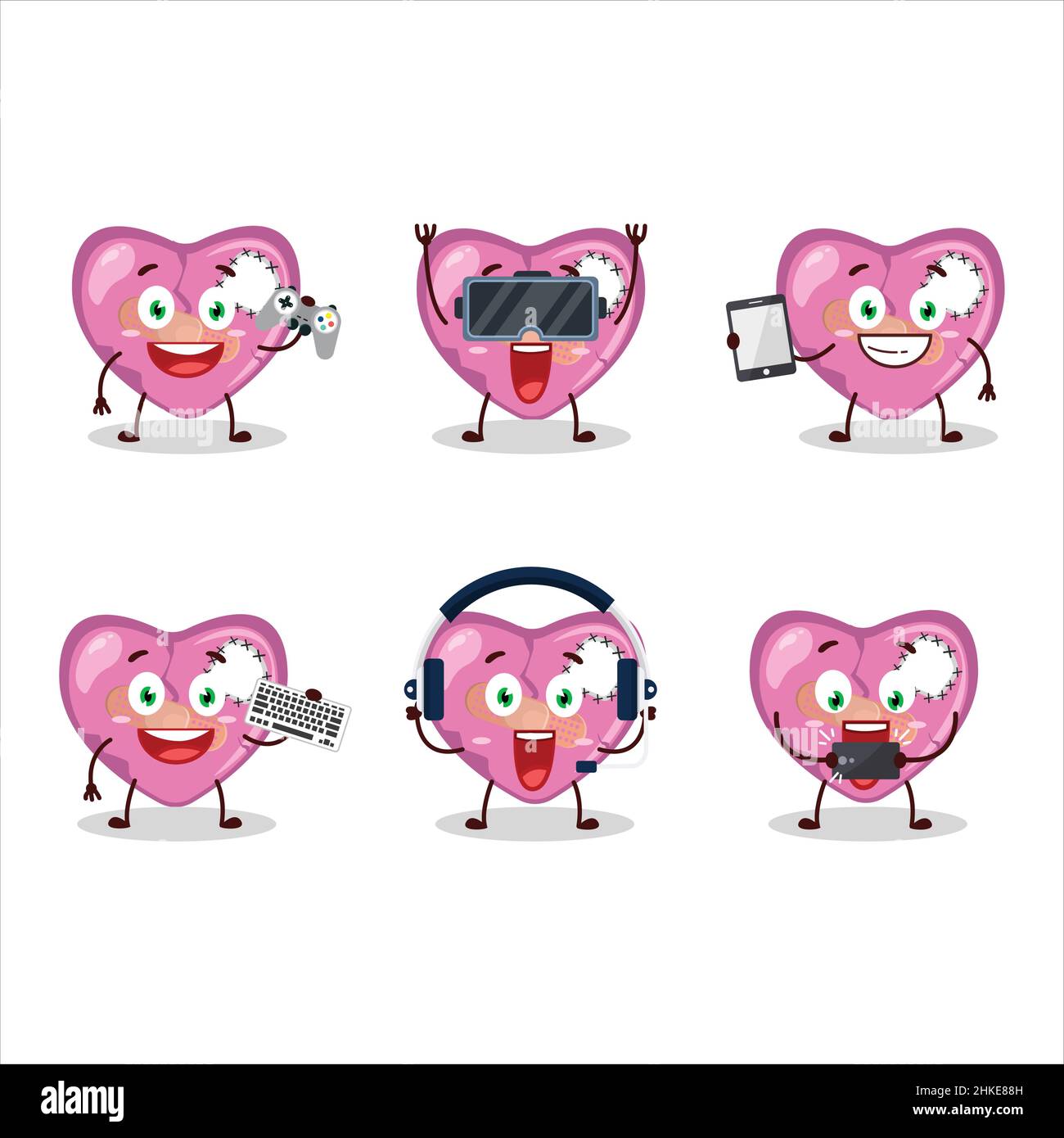 Pink broken heart love cartoon character are playing games with various ...
