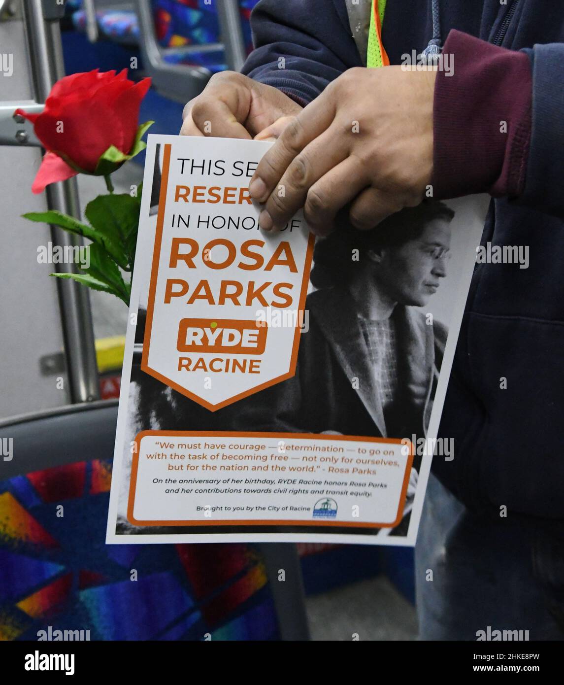 Racine, Wisconsin, USA. 3rd Feb, 2022. JOSE LOPEZ places placards and ...