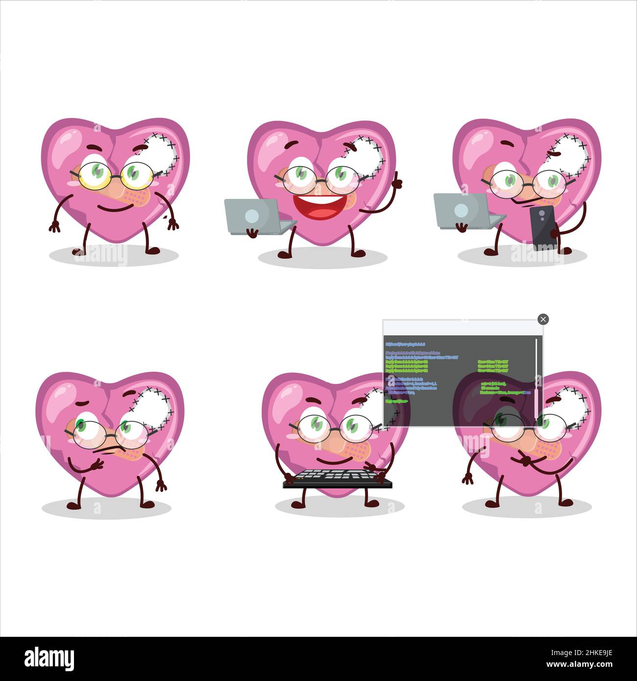 Pink broken heart love Programmer cute cartoon character with. Vector ...