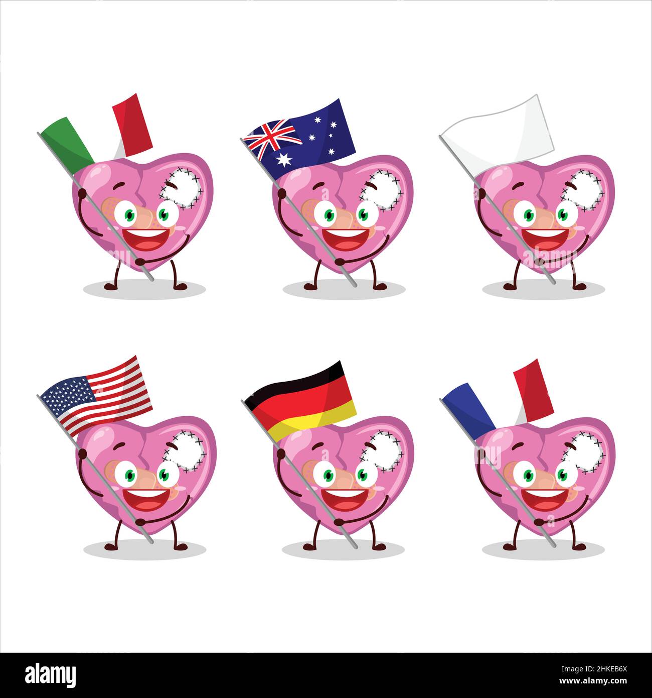 Pink broken heart love cartoon character bring the flags of various ...