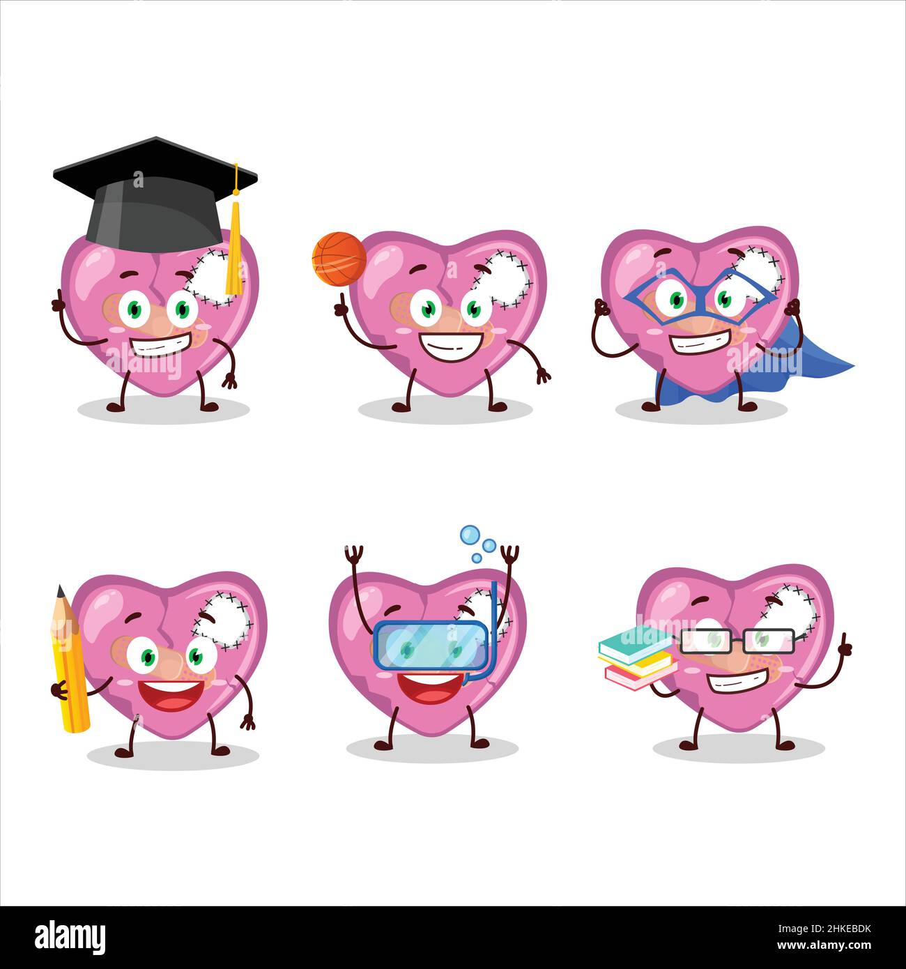 School student of pink broken heart love cartoon character with various ...