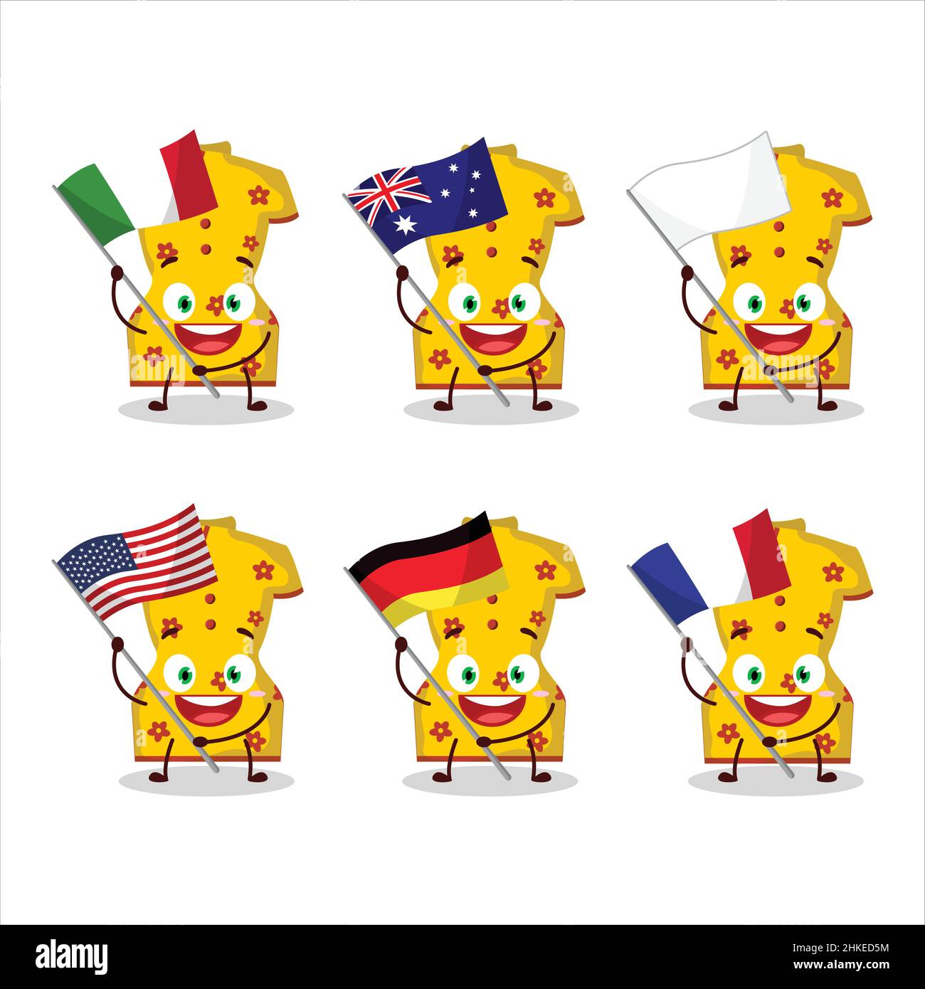 Yellow Clothing Of Chinese Woman Cartoon Character Bring The Flags Of