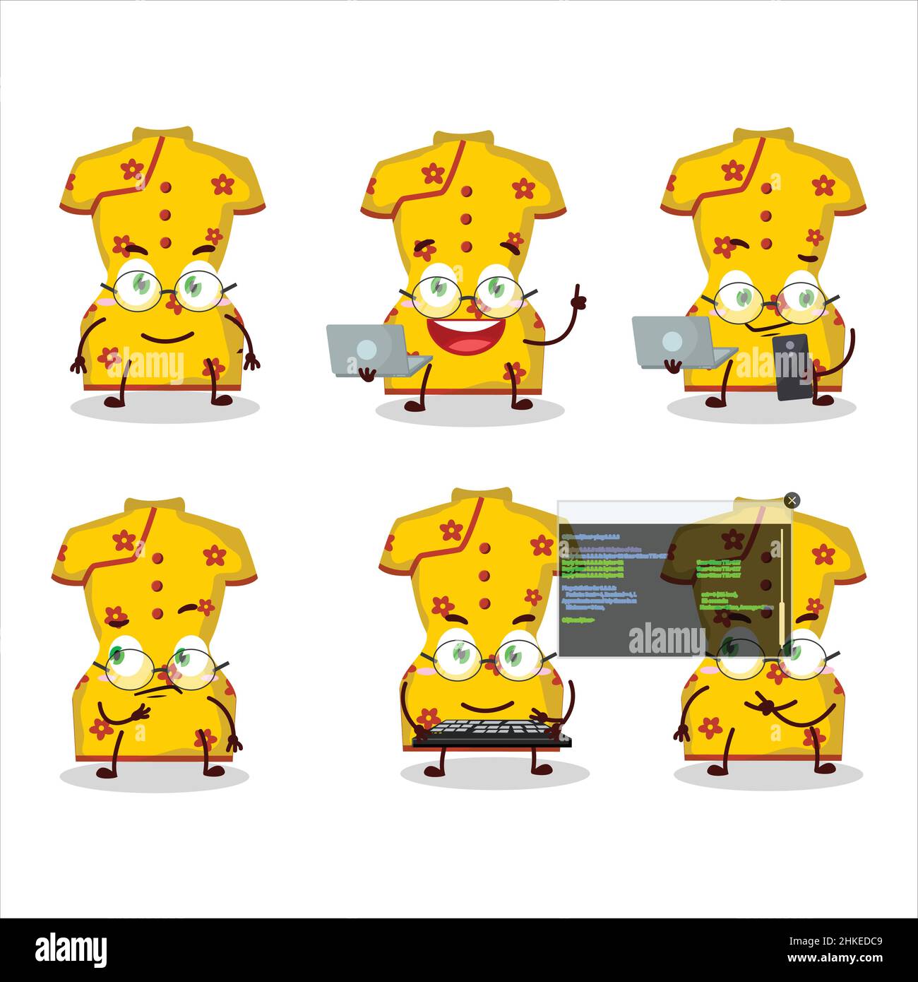 Yellow clothing of chinese woman Programmer cute cartoon character with ...