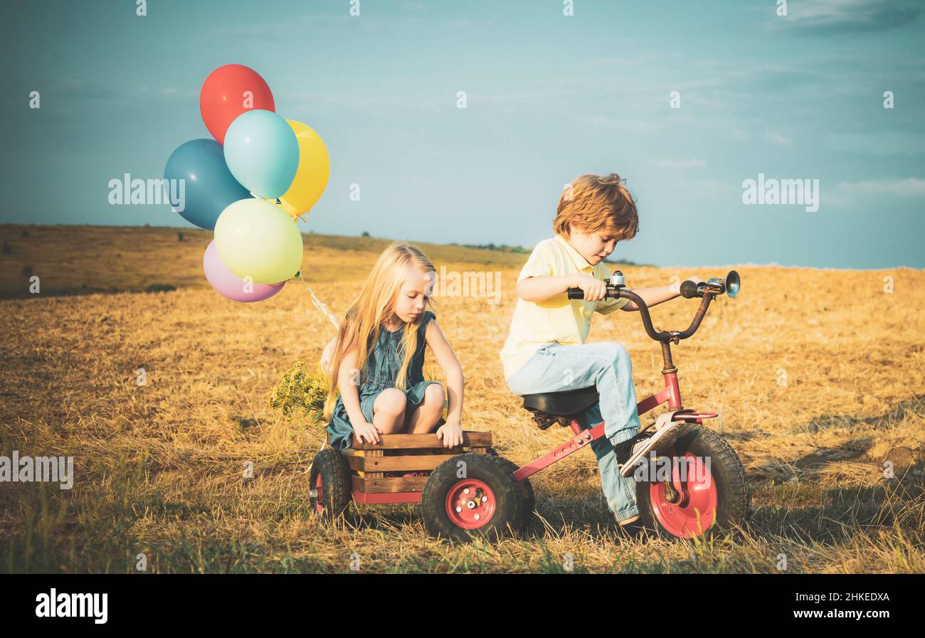 Cute little children enjoying on farm. American farm life. daughter and ...