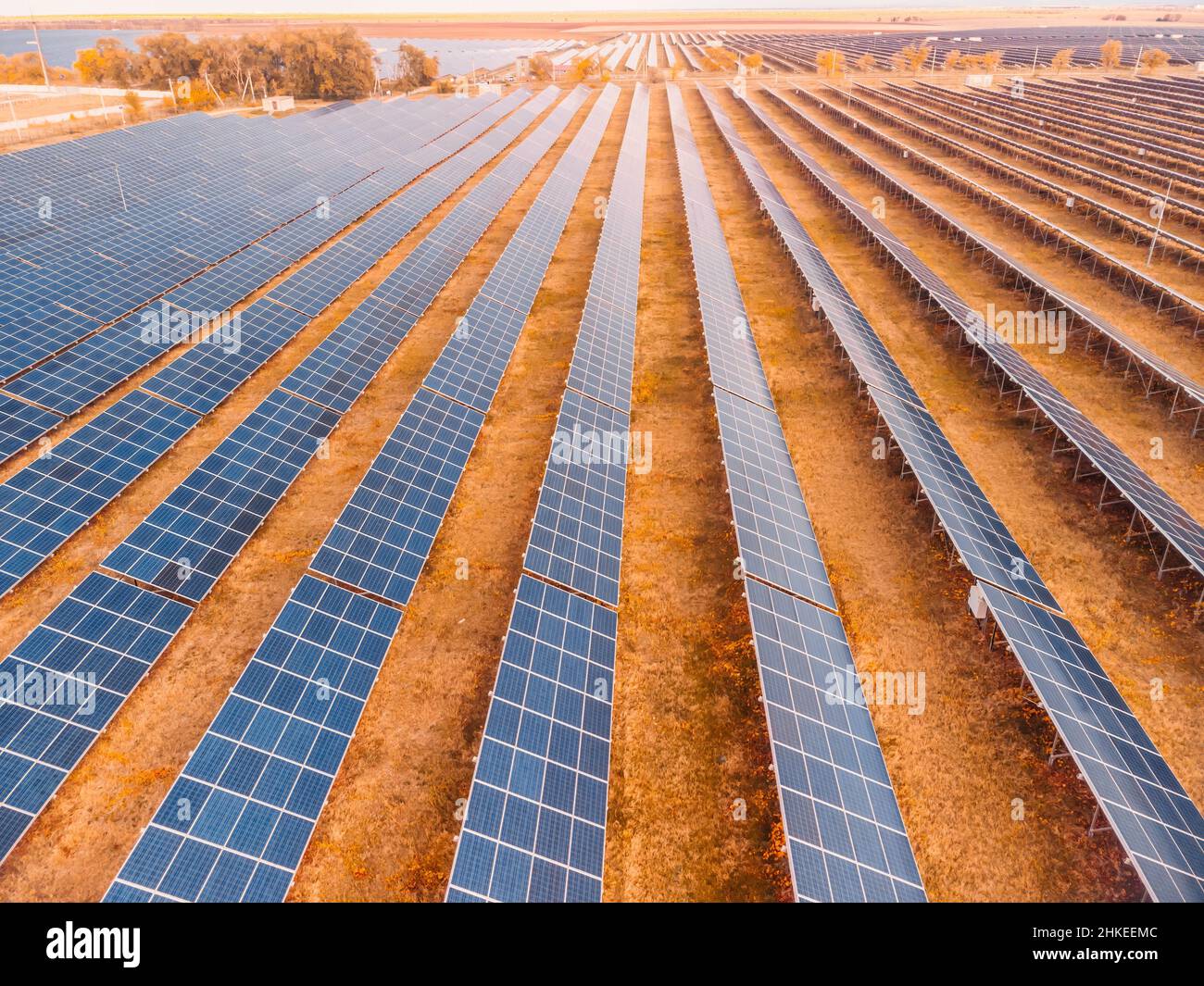 Aerial top view of a solar panels power plant. Photovoltaic solar ...