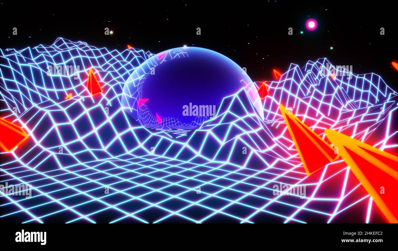 Neon grid mountains landscape in 80s synthwave or retrowave style with ...