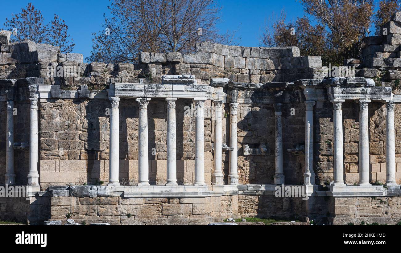 An antique ruined city of columns.Ruin. View of the ancient city in ...