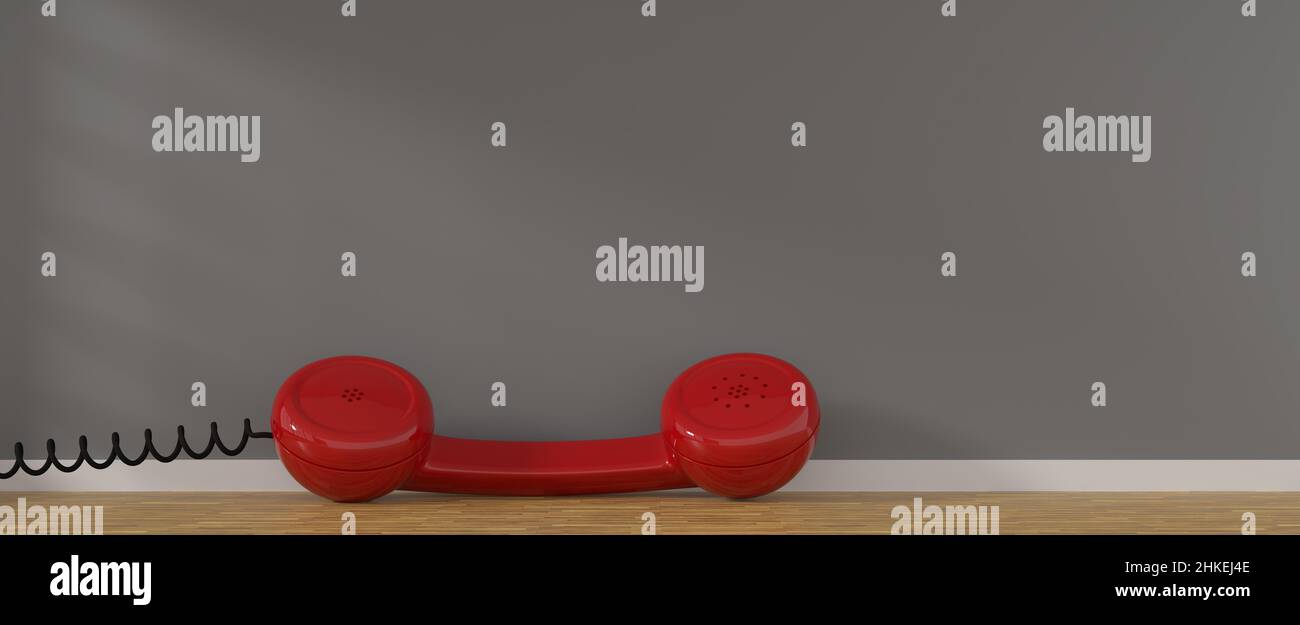 Big red telephone handset in a grey room with space for your text, 3d ...