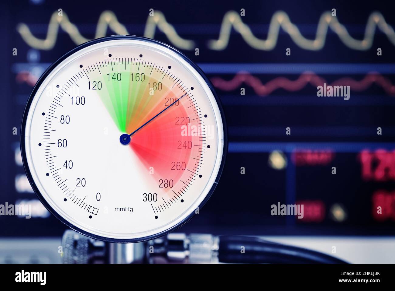 Blood pressure dial with arrow in the red danger zone, medical concept ...