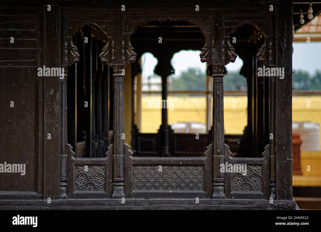 Decorated wooden balcony of Saint Eknath Maharaj Temple at Paithan ...