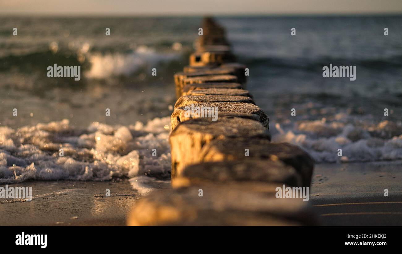 Wooden wave breakers on a coast of the sea Stock Photo - Alamy
