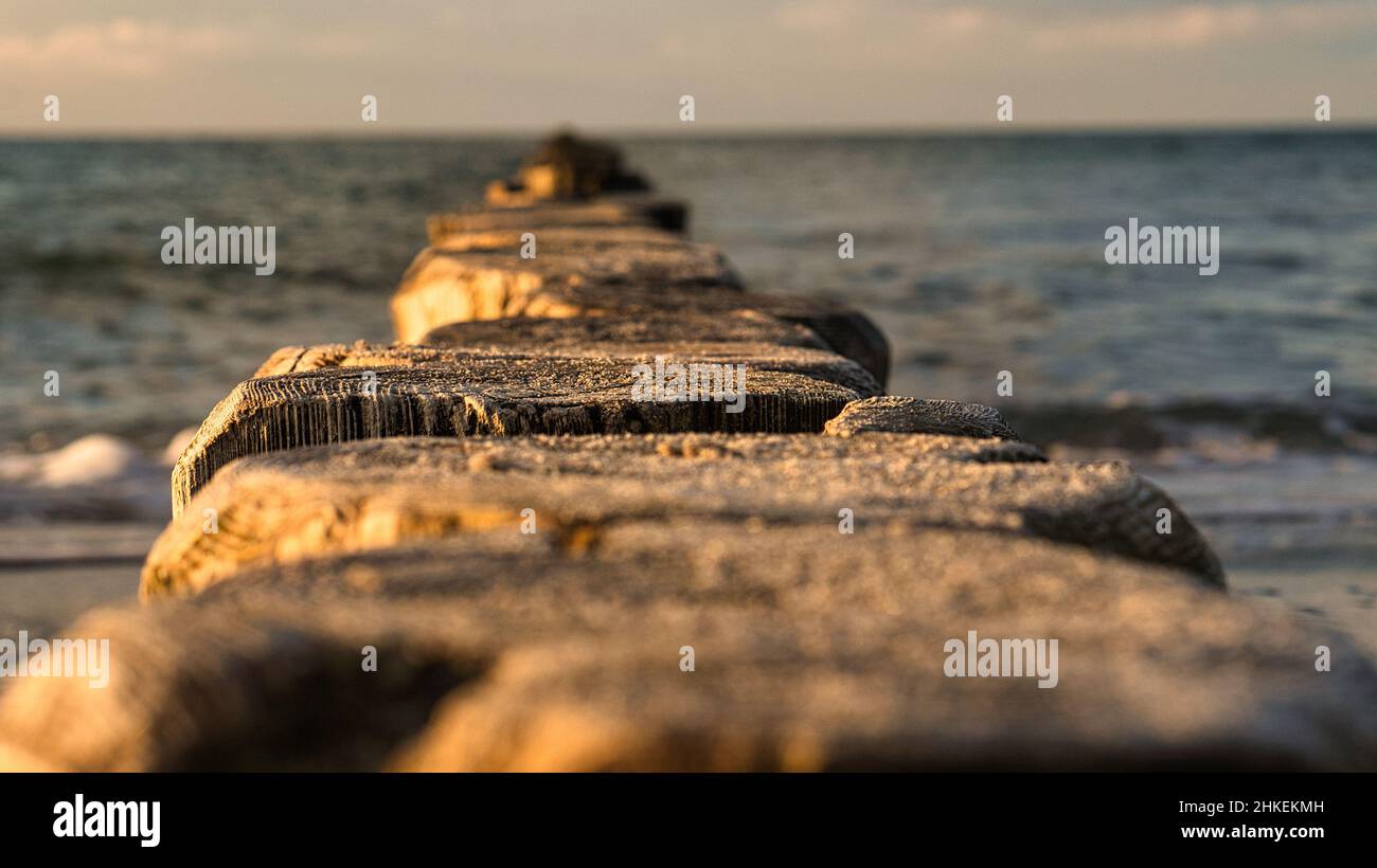 Wooden wave breakers on a coast of the sea Stock Photo - Alamy