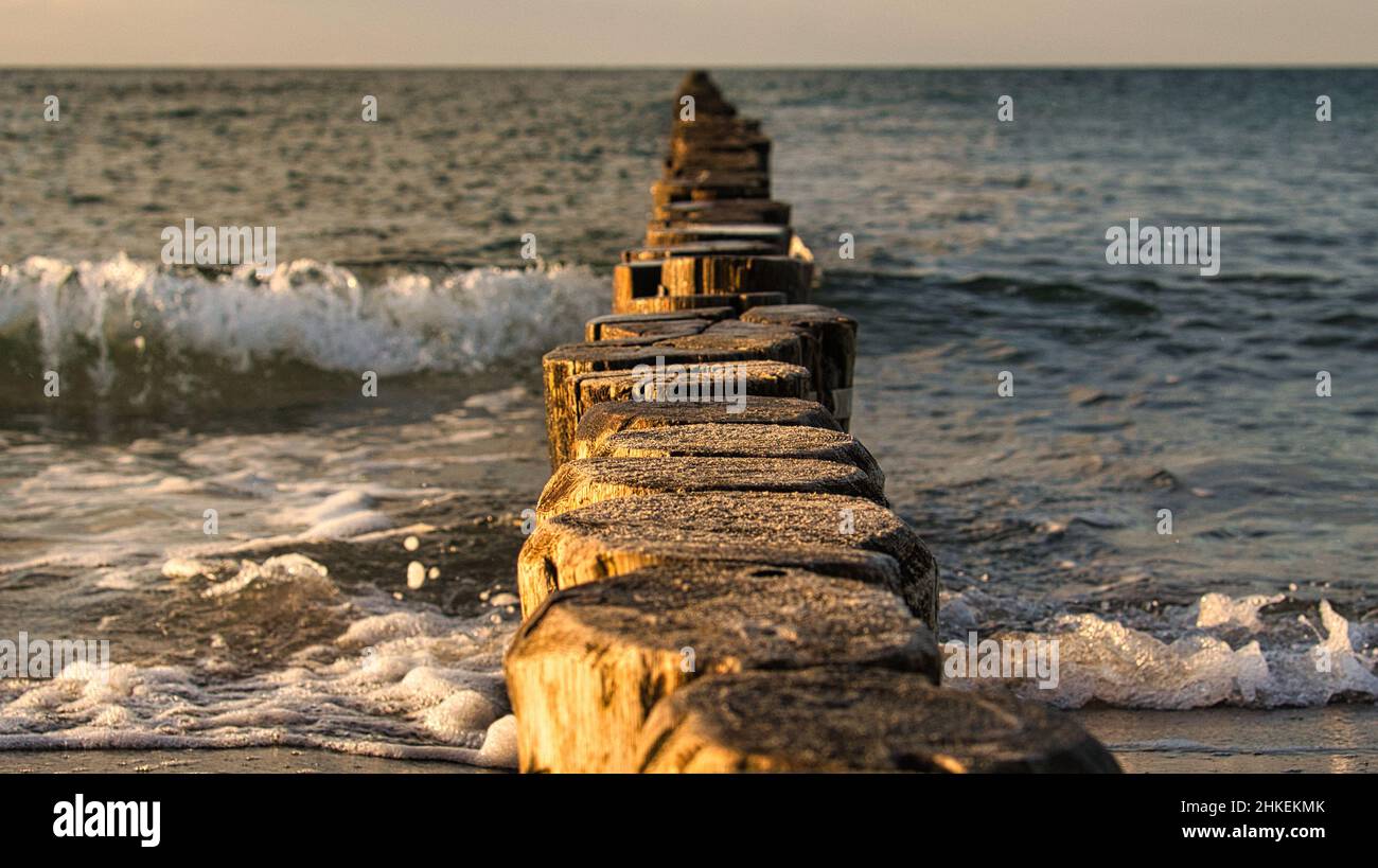 Wooden wave breakers on a coast of the sea Stock Photo - Alamy