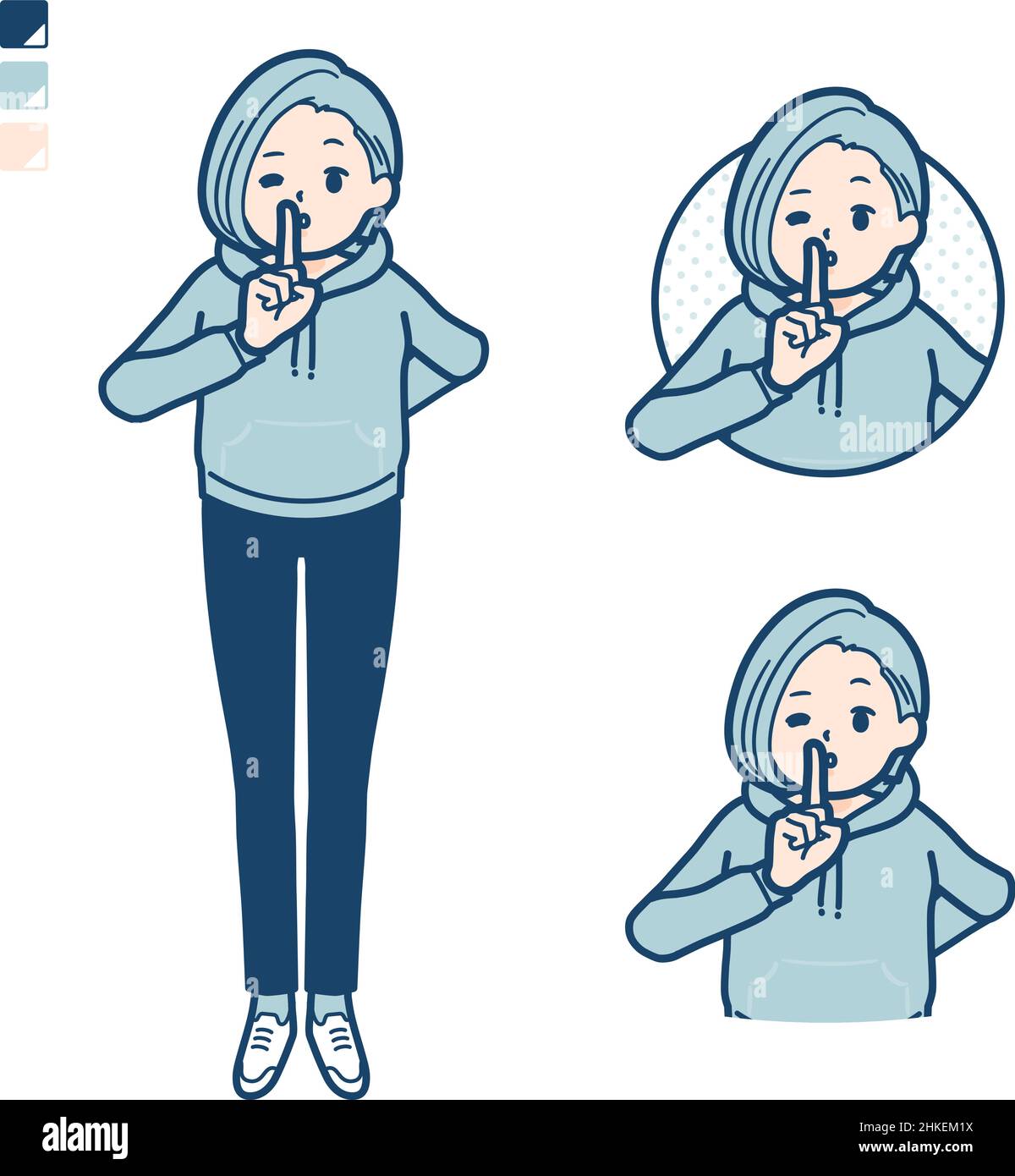 A Young woman in a hoodie with be quiet hand sign images.It's vector ...