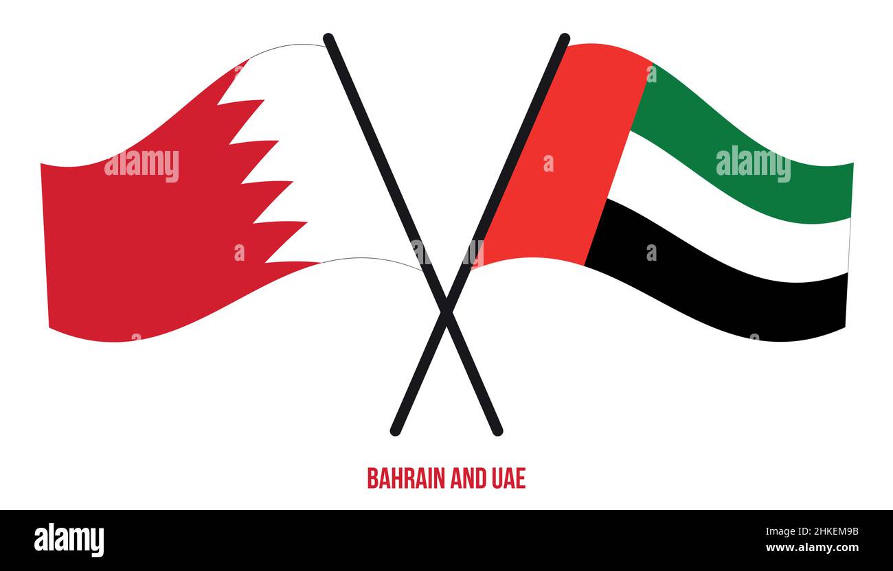 Bahrain and UAE Flags Crossed And Waving Flat Style. Official ...