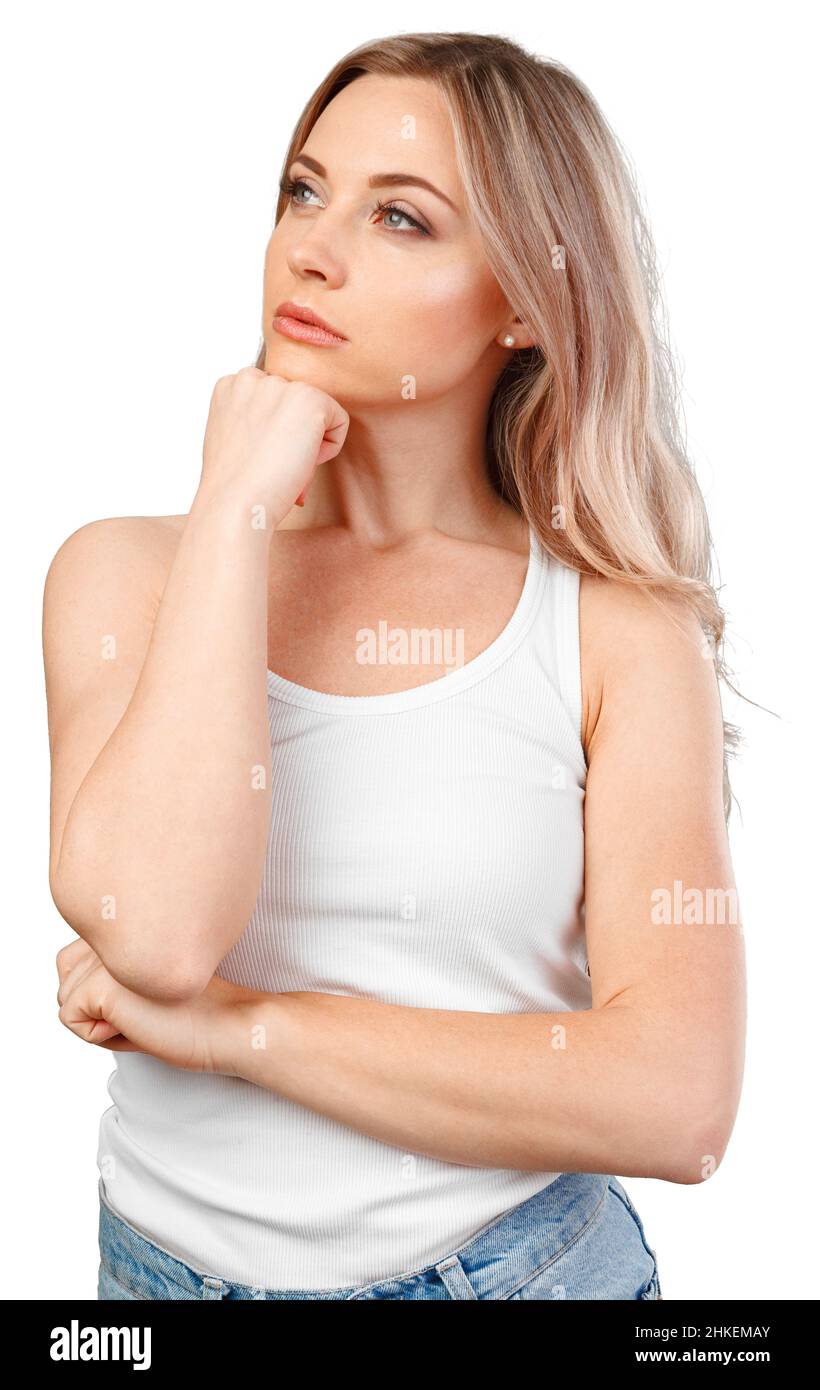 Beautiful young thinking thoughtful woman posing isolated on white ...