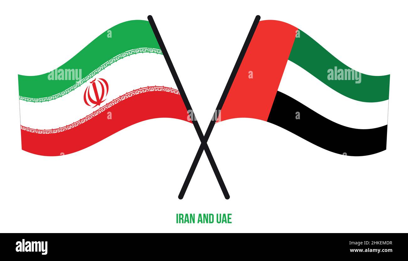 Iran and UAE Flags Crossed And Waving Flat Style. Official Proportion ...