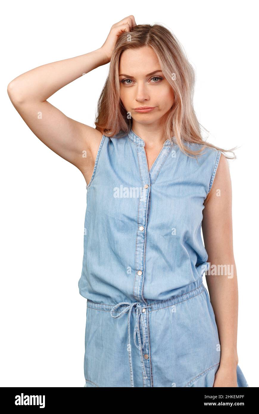 Beautiful young thinking thoughtful woman posing isolated on white ...