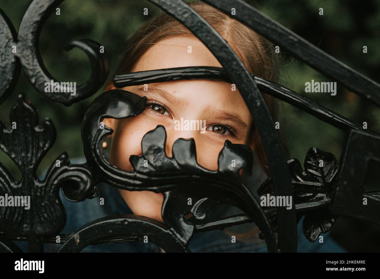 portrait happy candid eight year old caucasian kid girl brown eyes ...