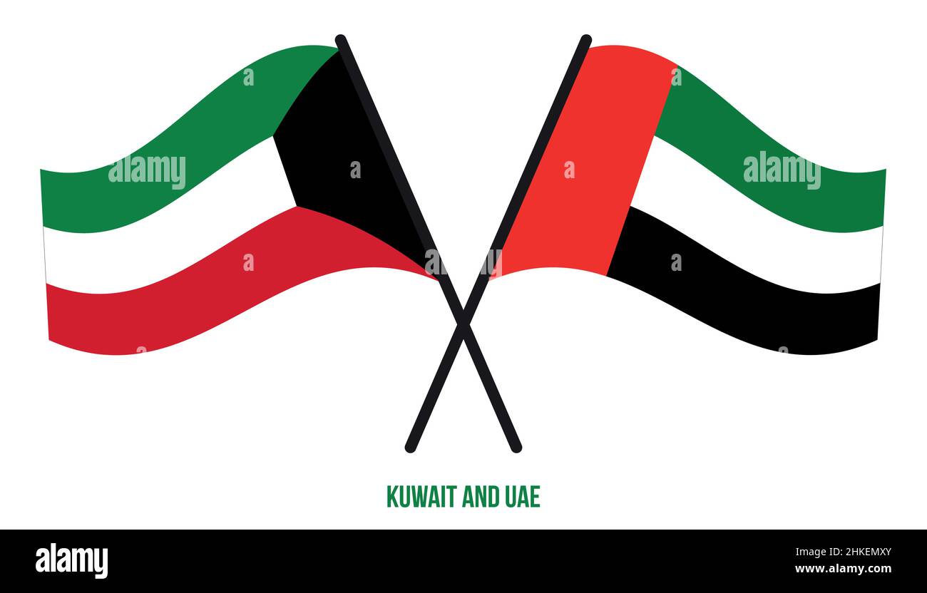 Kuwait and UAE Flags Crossed And Waving Flat Style. Official Proportion ...