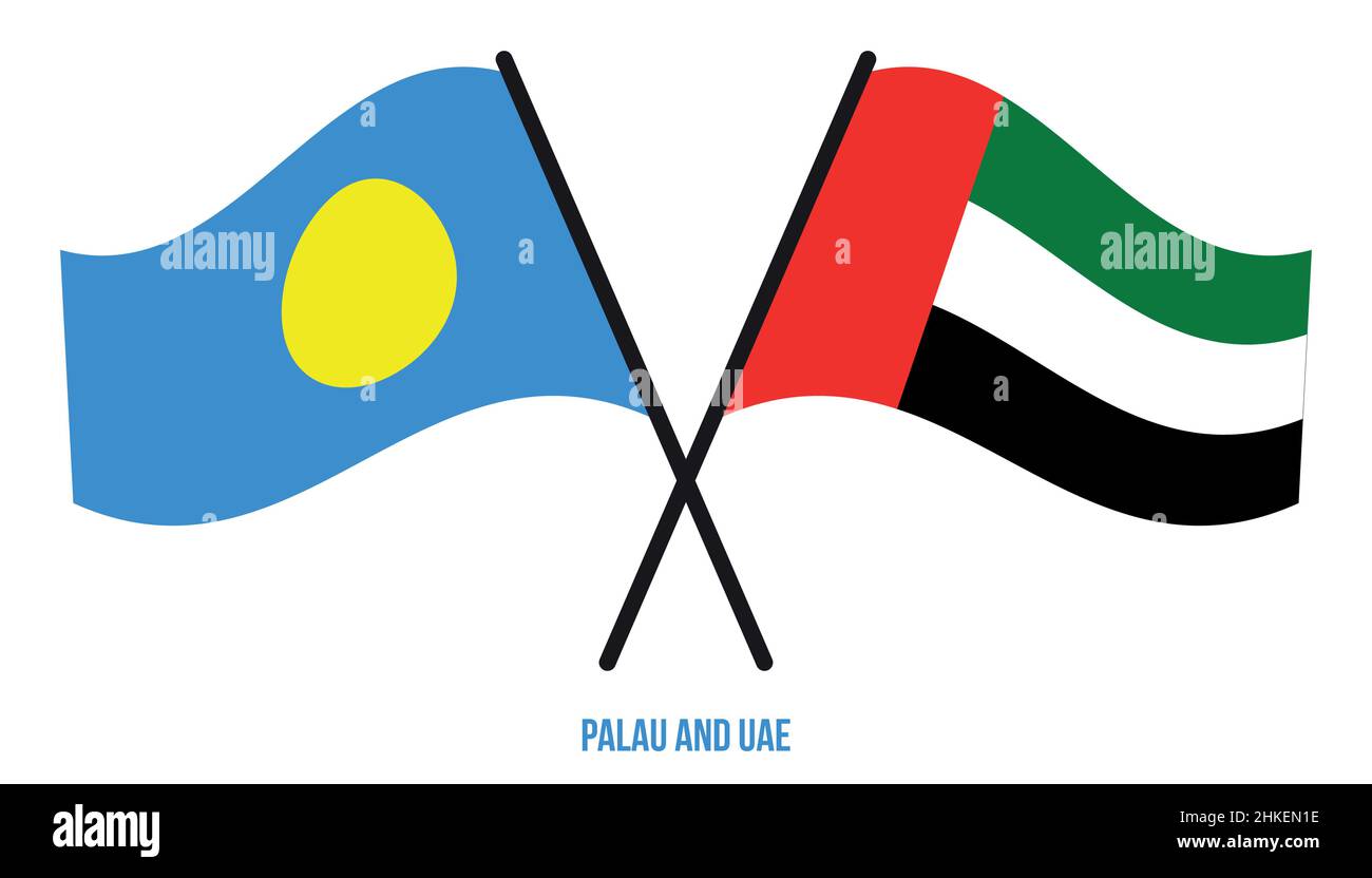 Palau and UAE Flags Crossed And Waving Flat Style. Official Proportion ...