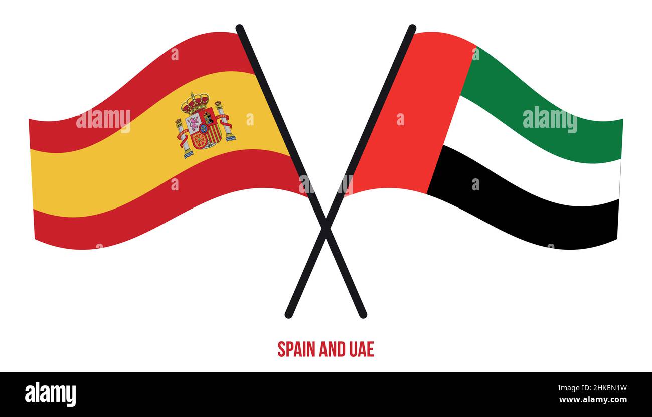 Spain and UAE Flags Crossed And Waving Flat Style. Official Proportion ...