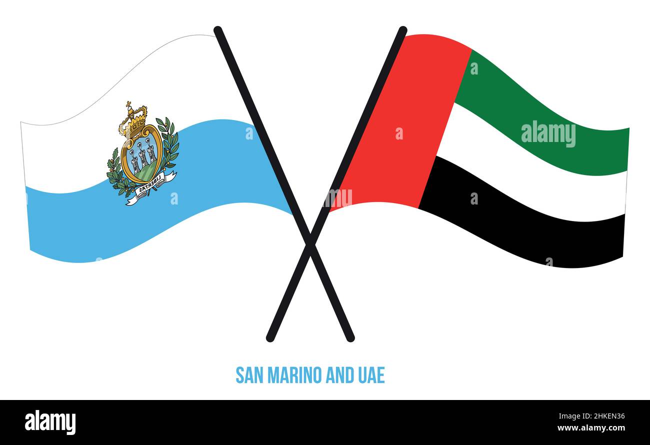 San Marino and UAE Flags Crossed And Waving Flat Style. Official ...