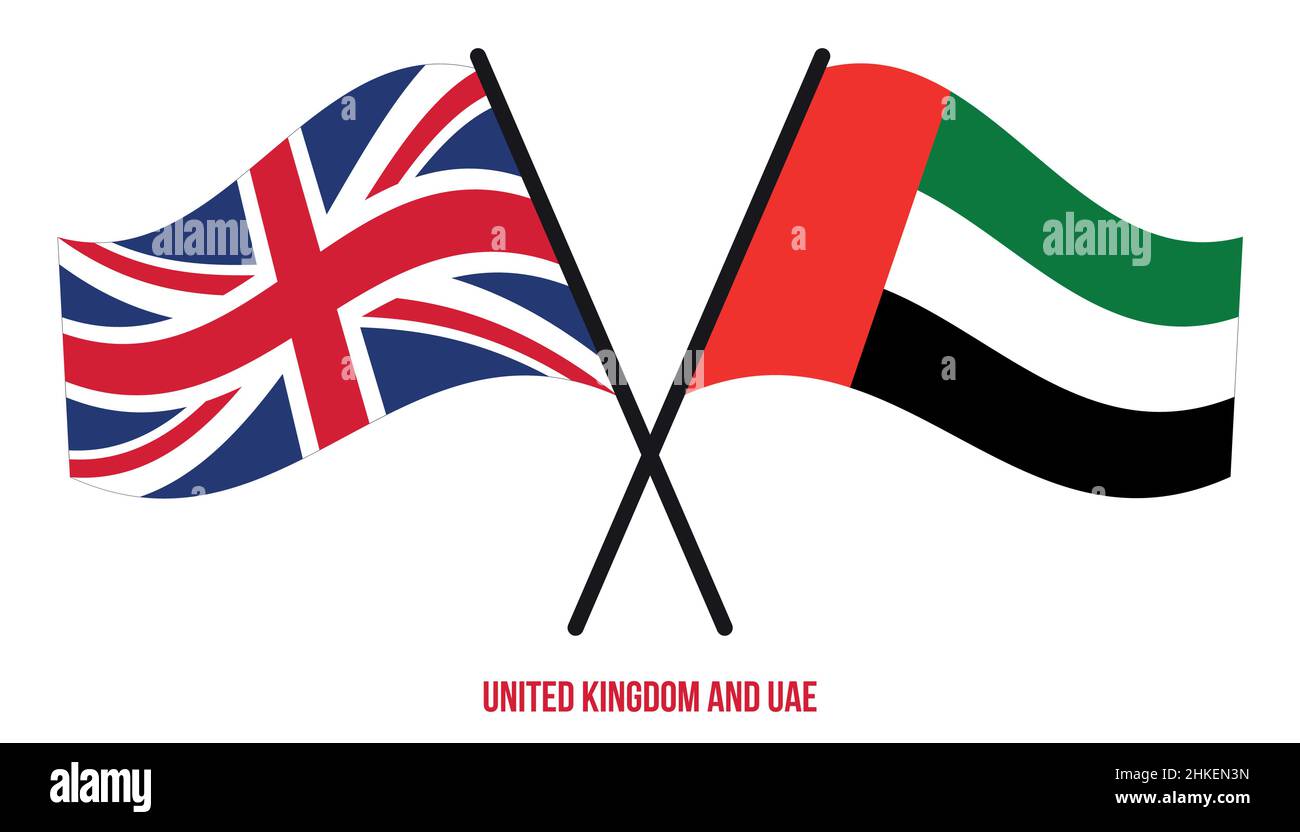 United Kingdom and UAE Flags Crossed And Waving Flat Style. Official ...