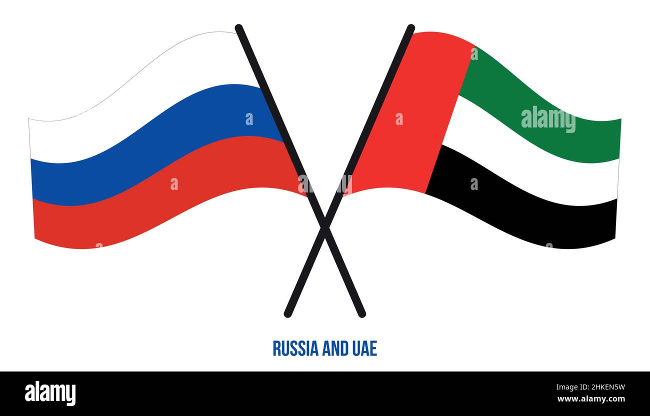 Russia and UAE Flags Crossed And Waving Flat Style. Official Proportion ...