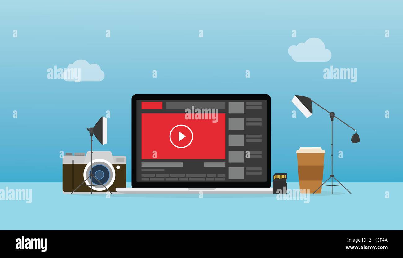 content creator concept with laptop and photography camera and ...