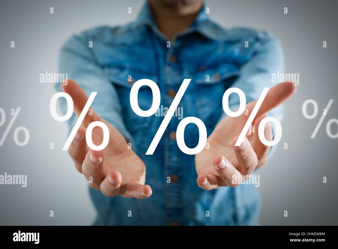 Discount Percentage Sign. Hand Showing Discount Percent Stock Photo - Alamy