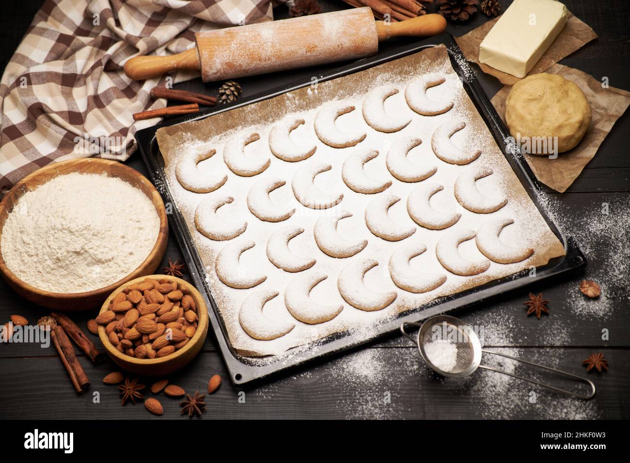 Baking tray with traditional German or Austrian Vanillekipferl vanilla ...