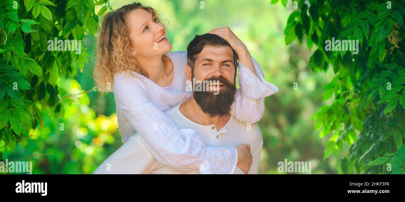 Spring couple in love, banner. Enjoying tender warm pleasant moment of ...