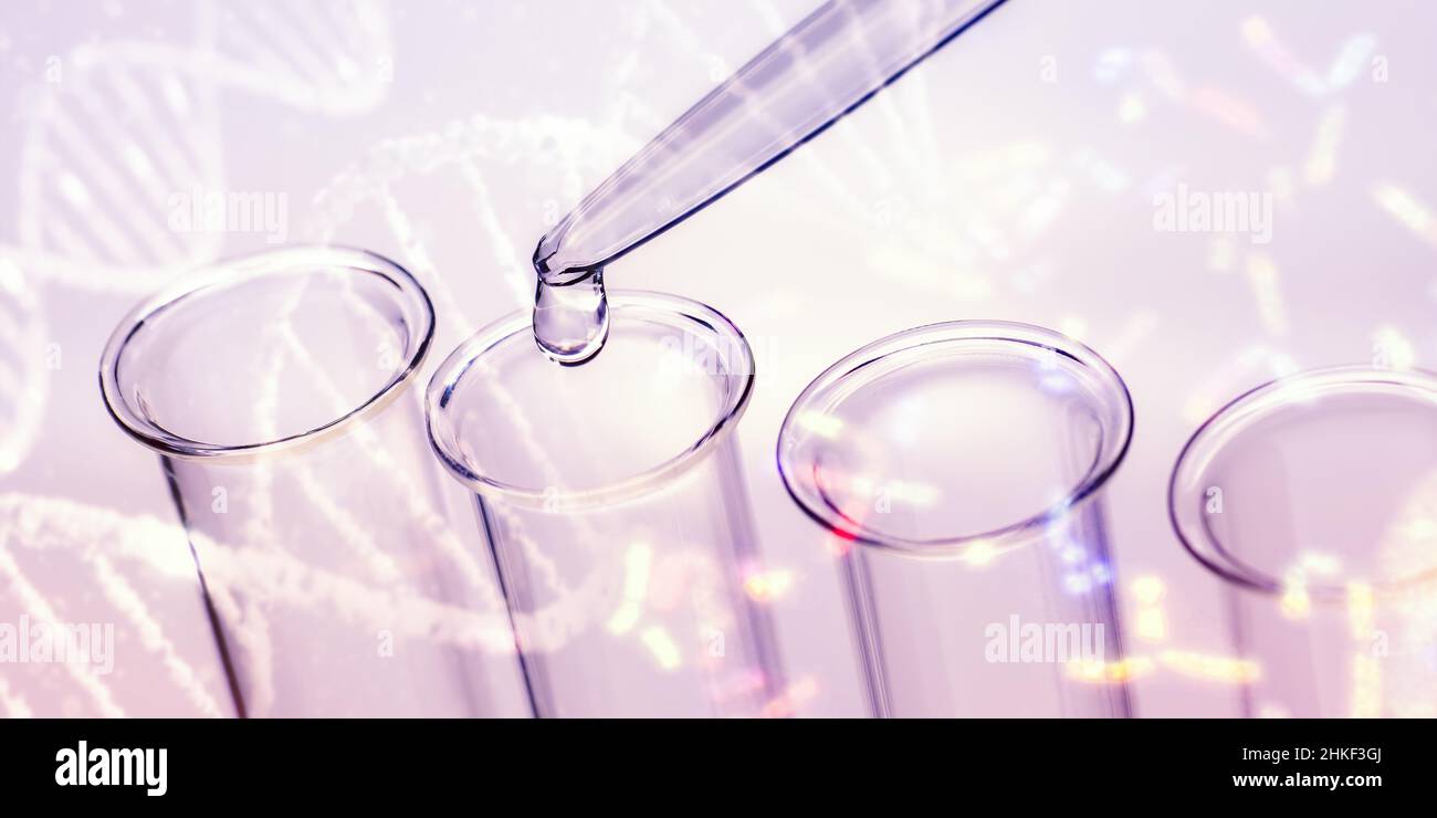 Pipette and test tubes with DNA and chromosomes in background Stock ...