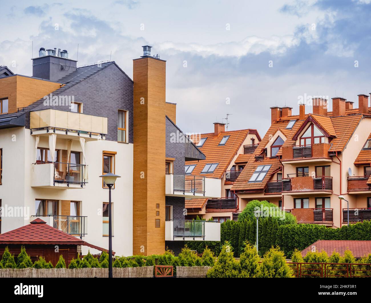 Cityscape of a cozy residential area with modern apartment buildings ...