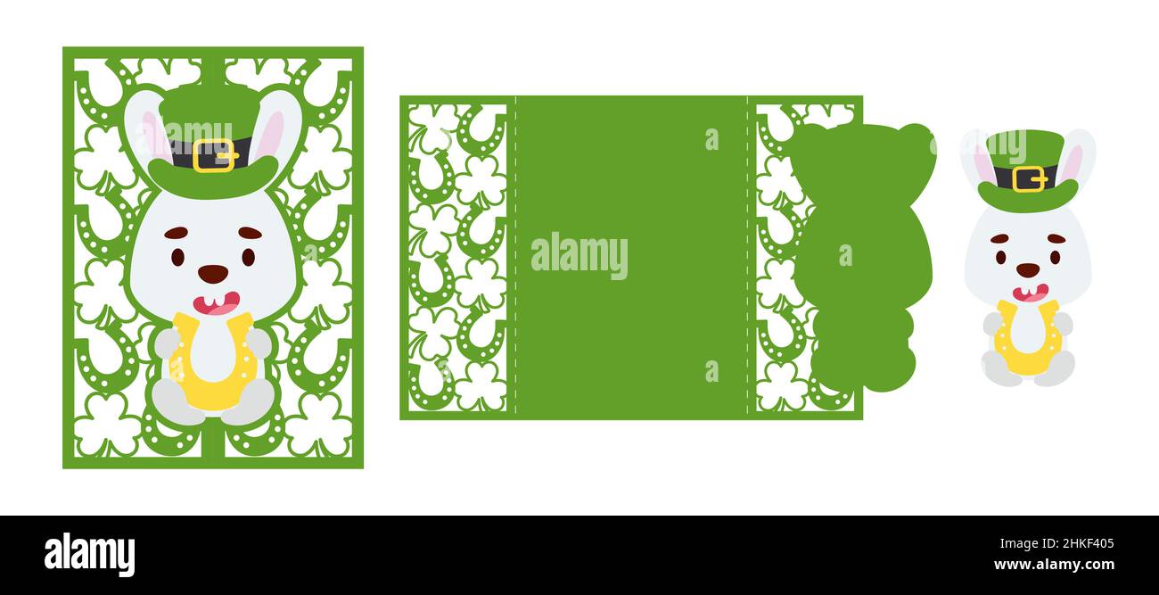 St. Patrick's Day bunny laser cutting invitation card template. Paper ...
