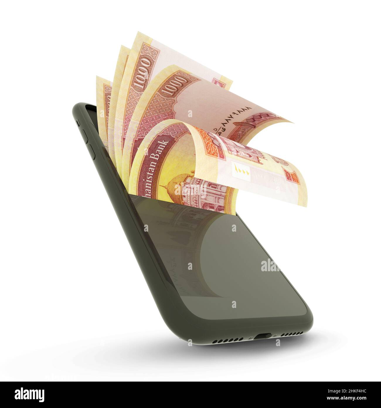 3D rending of 1000 Afghanistan Afghani notes inside a mobile phone ...