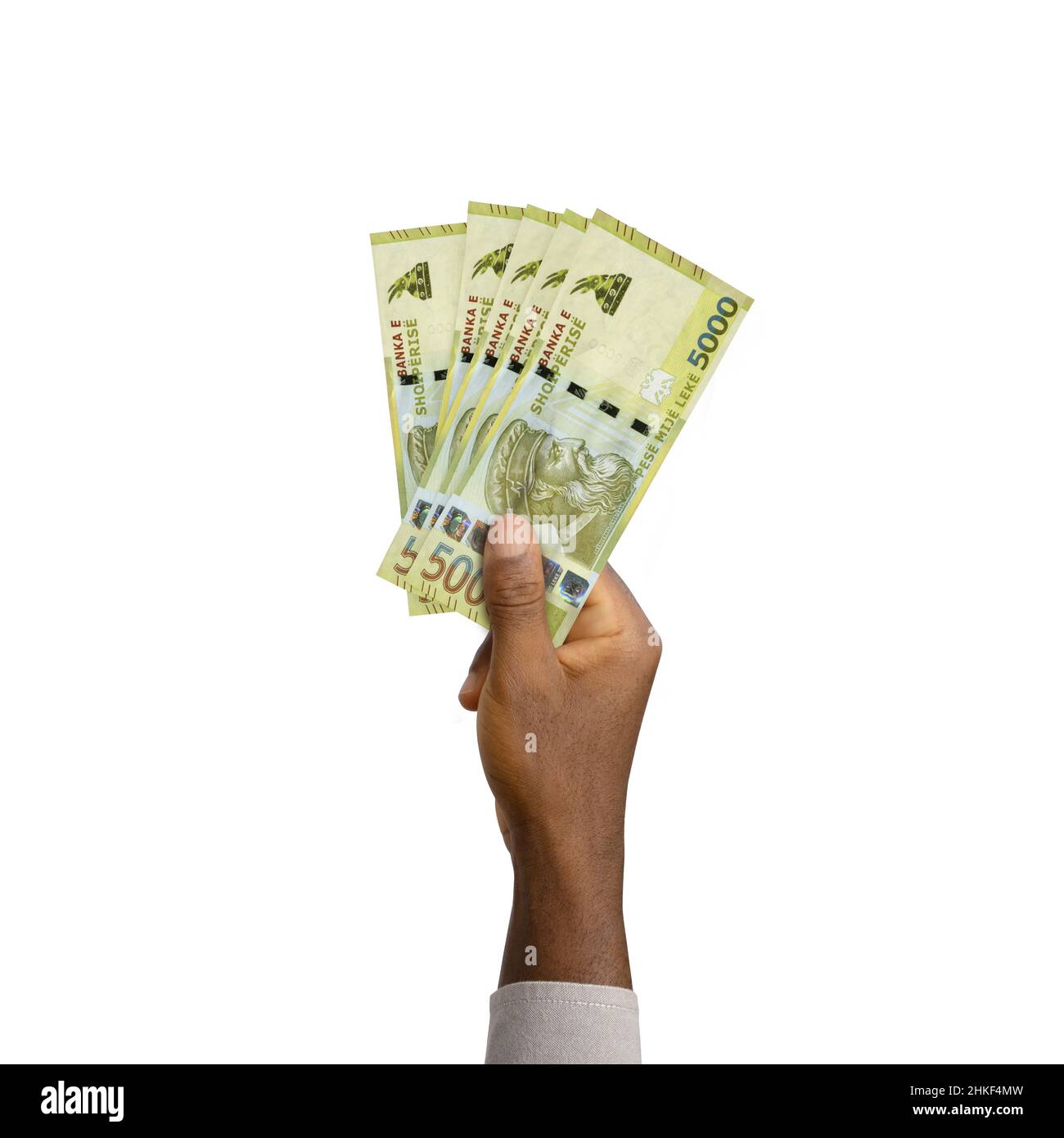 Black Hand holding 3D rendered 5000 Albanian lek notes isolated on ...