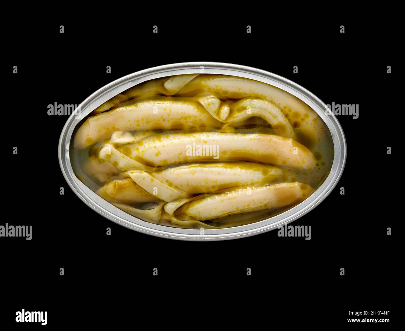 Top view of a tin can with razor clams inside on a black background so ...