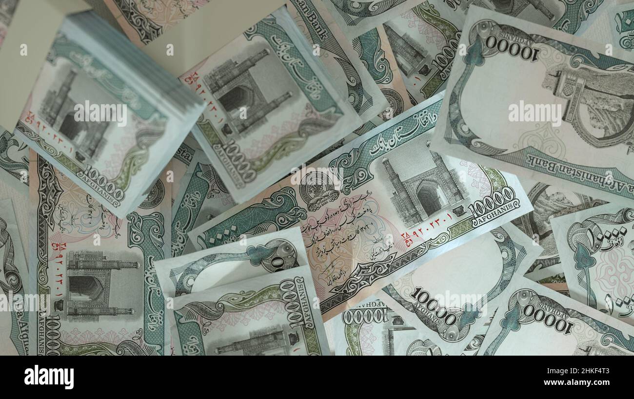 3D rendering of 10000 Afghanistan Afghanis notes spread on surface ...