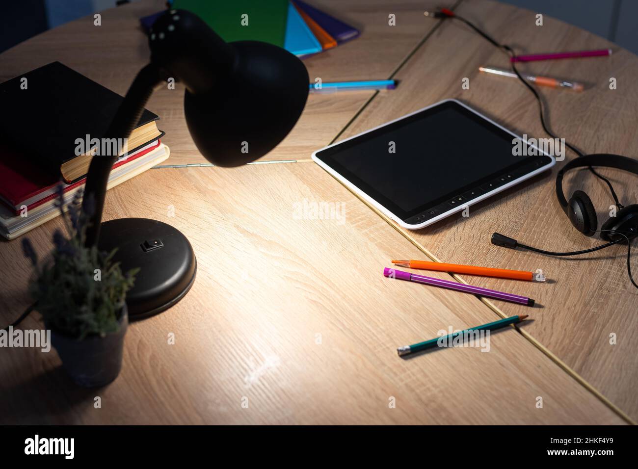 Student desk top view, teenager home workplace table with studying ...
