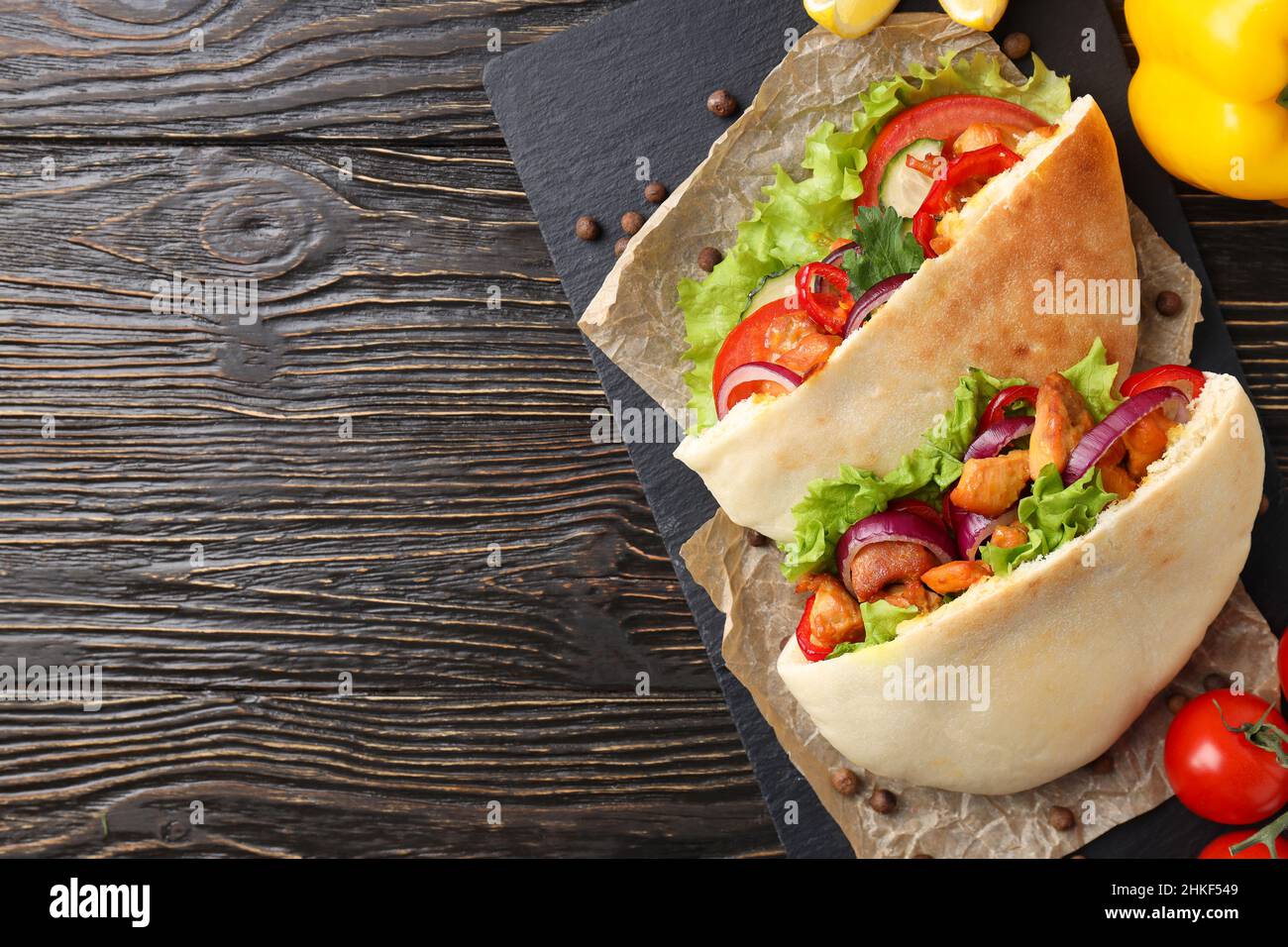 Concept of tasty food with pita with chicken, space for text Stock ...