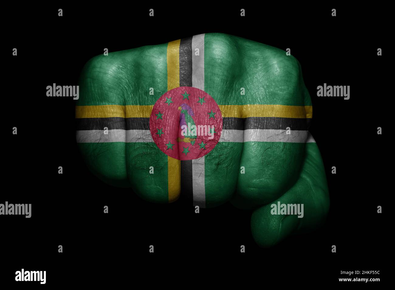 Flag of Dominica painted on strong fist on black background Stock Photo ...