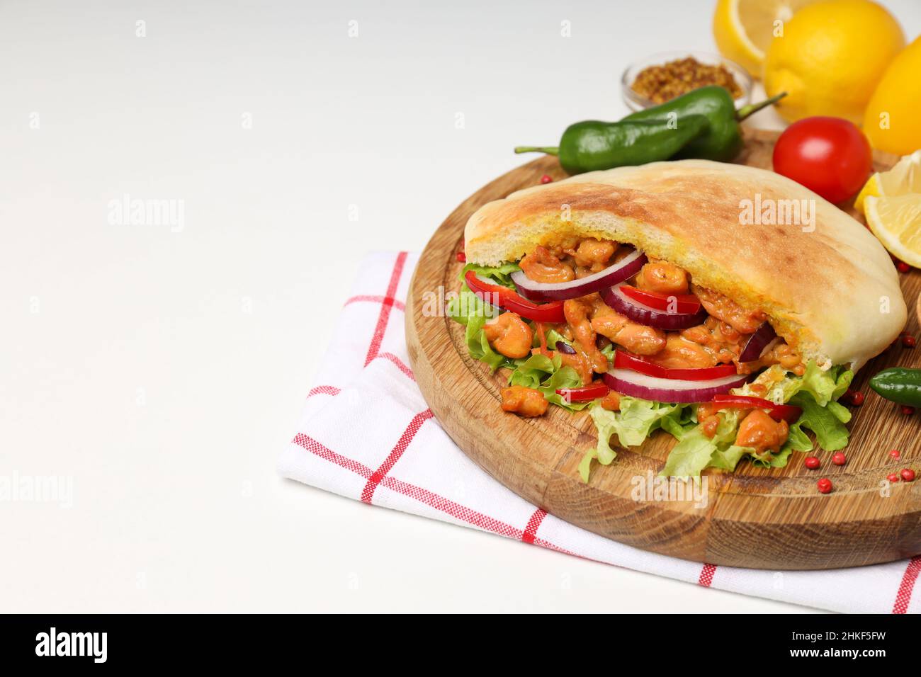 Concept of tasty food with pita with chicken, space for text Stock ...