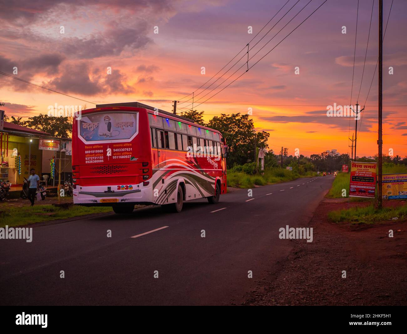 Ratnagiri, INDIA - October 9, 2021 :Red colored private luxury bus ...
