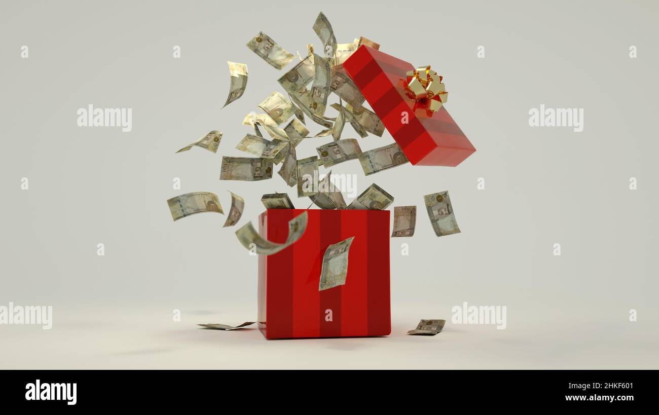 3D rendering of A lot of 20 Bahrain dinar notes coming out of an opened ...