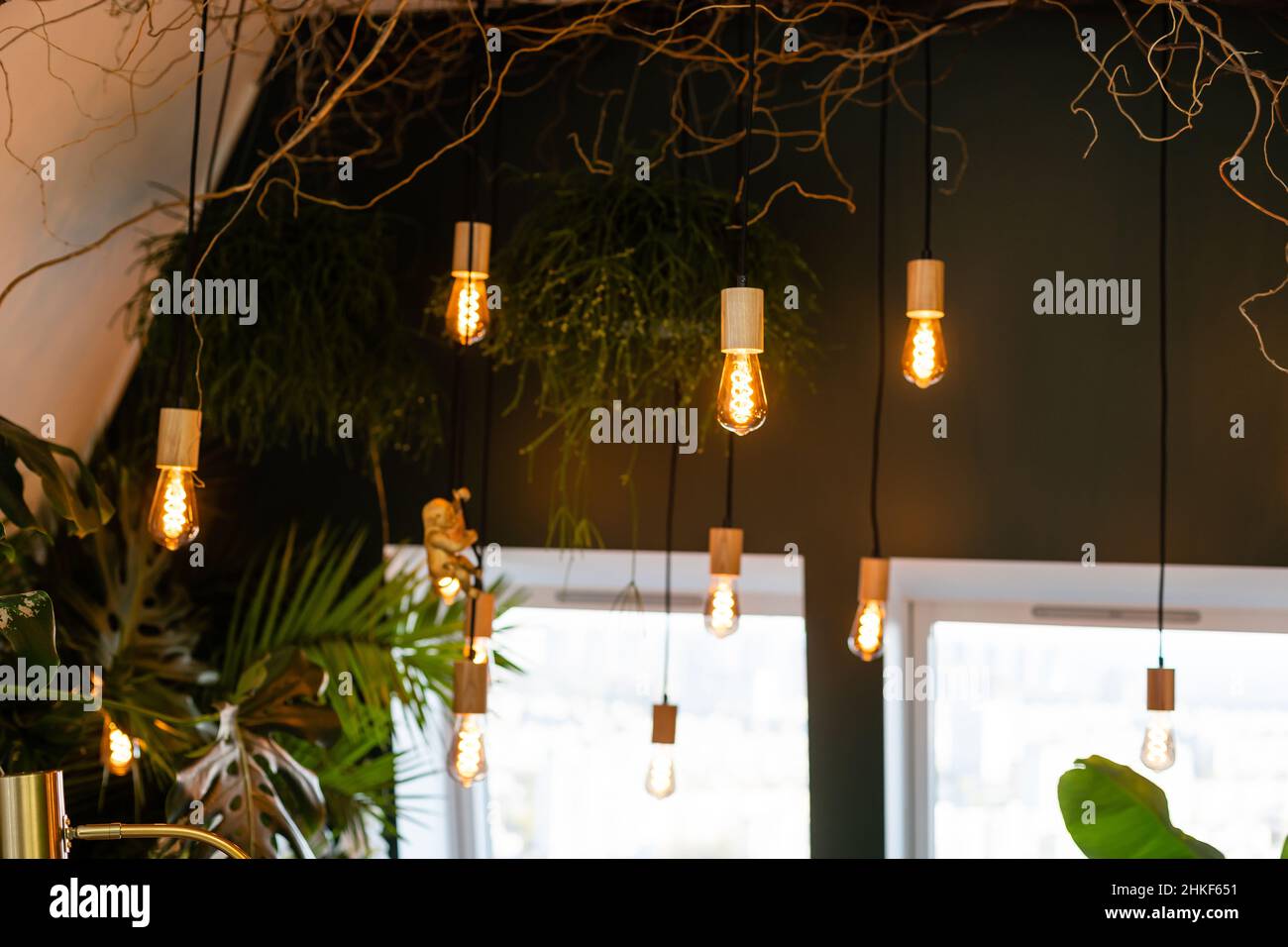 Light bulb with wooden minimal ceiling lamp design in warm green and ...