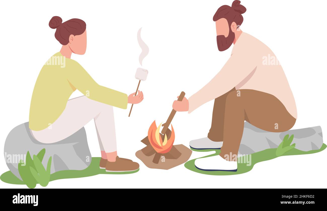 Couple roasting marshmallows on sticks semi flat color vector ...