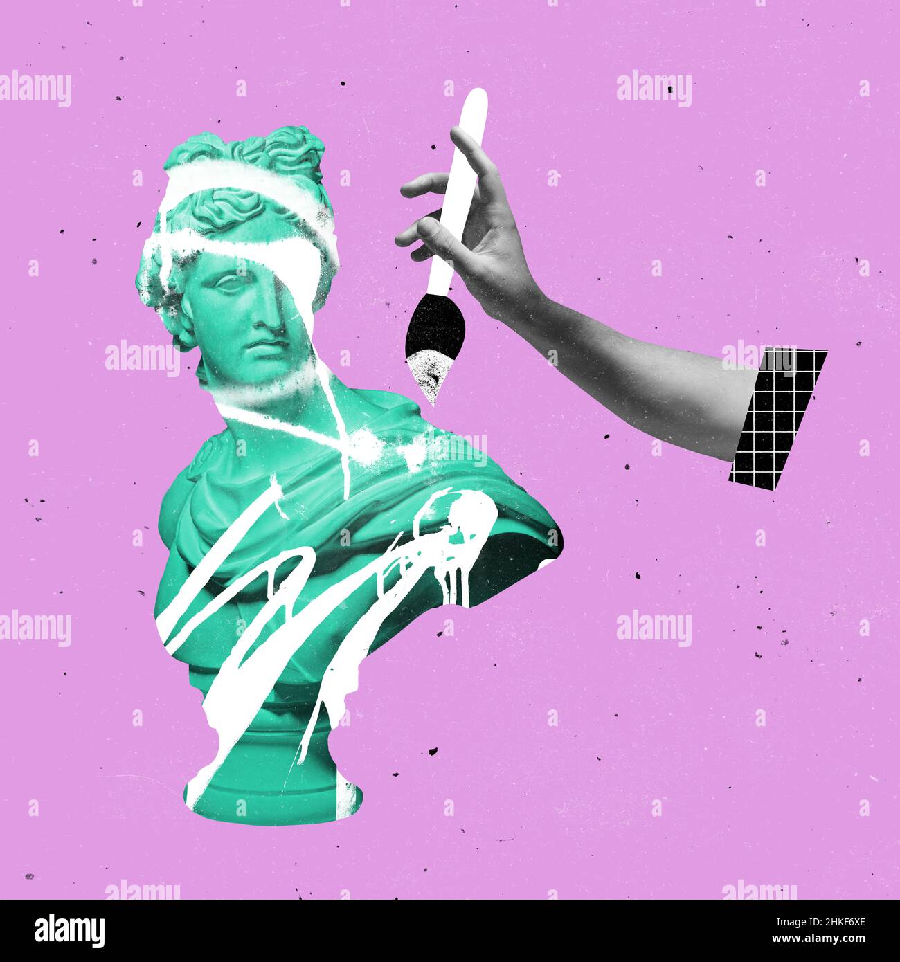 Contemporary art collage. Female hand painting on antique statue bust ...